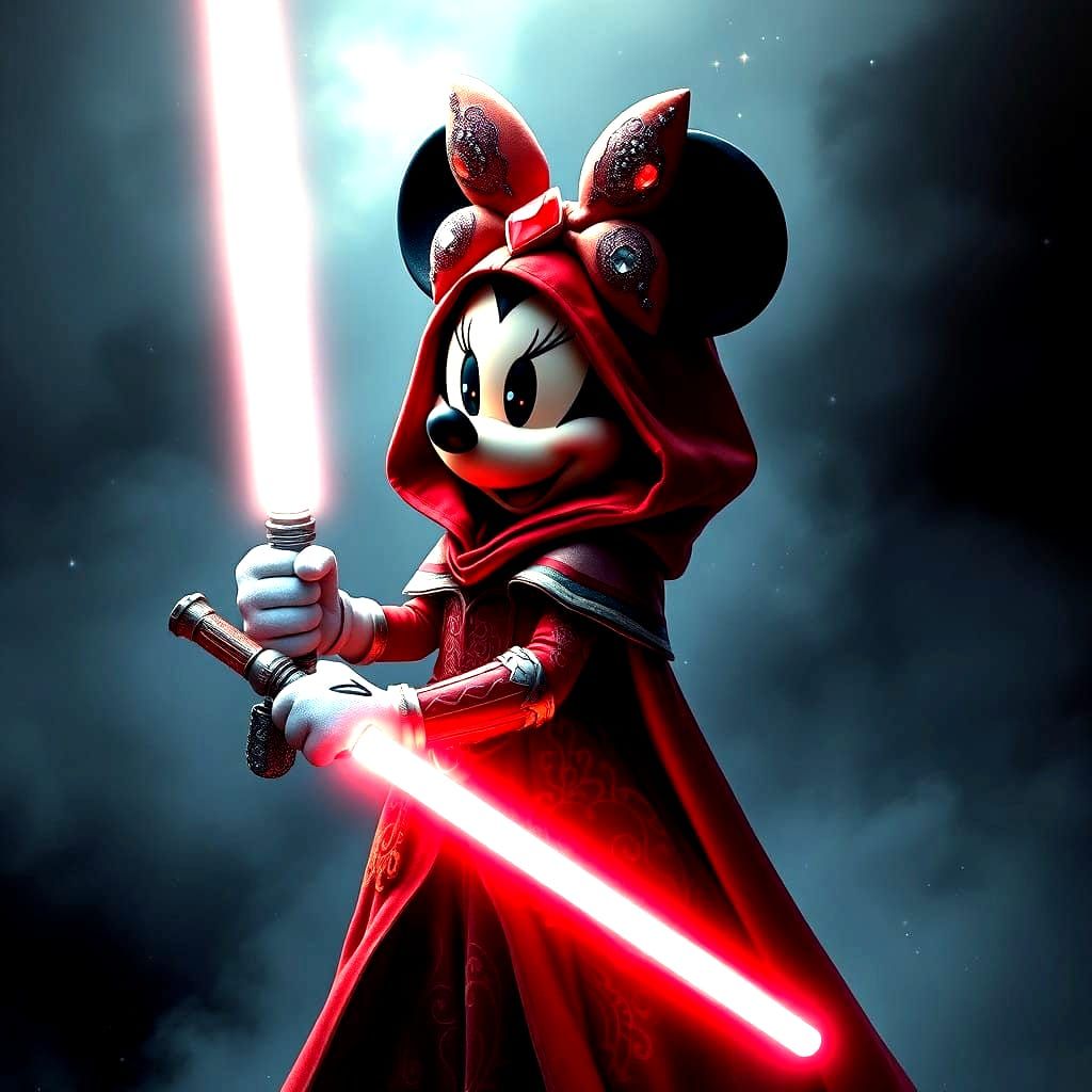 Minnie Mouse, a jedi knight draped in a intricate gown with a crimson ...
