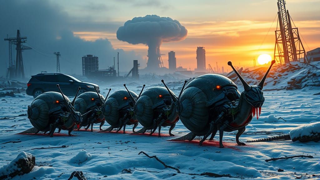 Marching cyborg-snails in post apocalyptical ruins, nuclear blast and ...