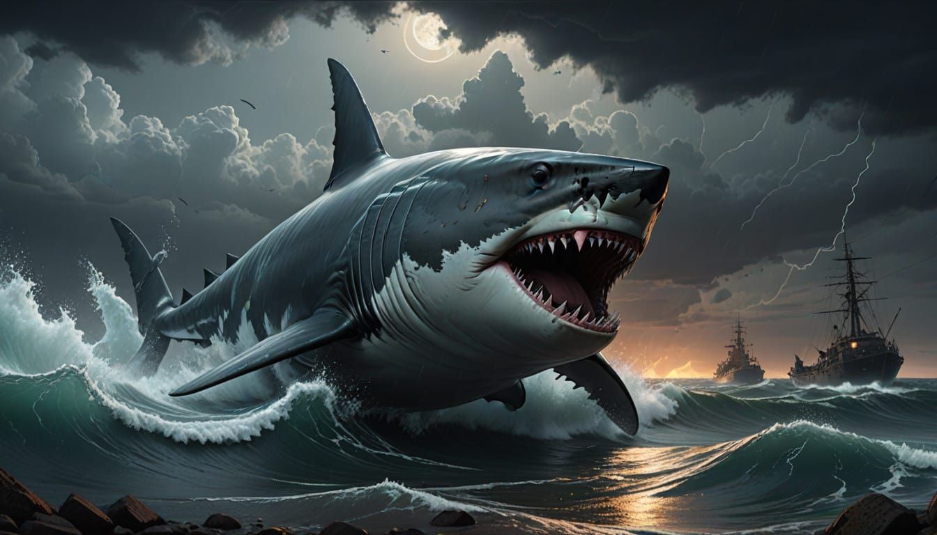 A striking cinematic illustration of a massive Megalodon shark, as it ...