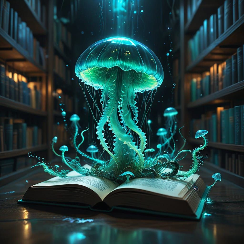 Deep Sea Chronicles - Glowing Jellyfish Amidst Deep-Sea Book...