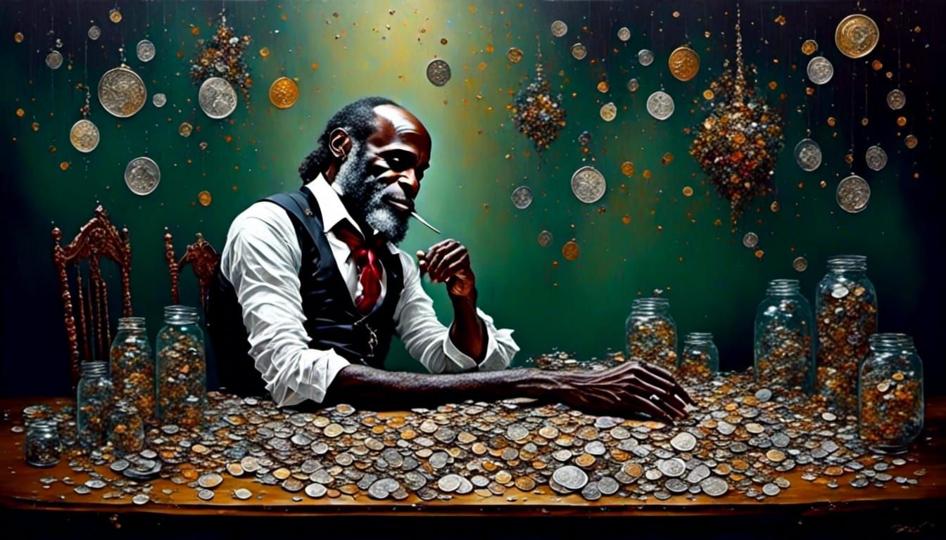"Greedy Miser sitting at table counting coins" in the style of - AI ...