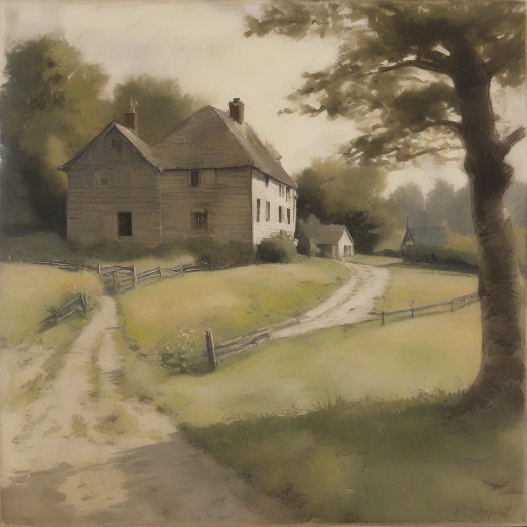 Distant Farmhouse - Peaceful Rural Landscape with Farmhouse...