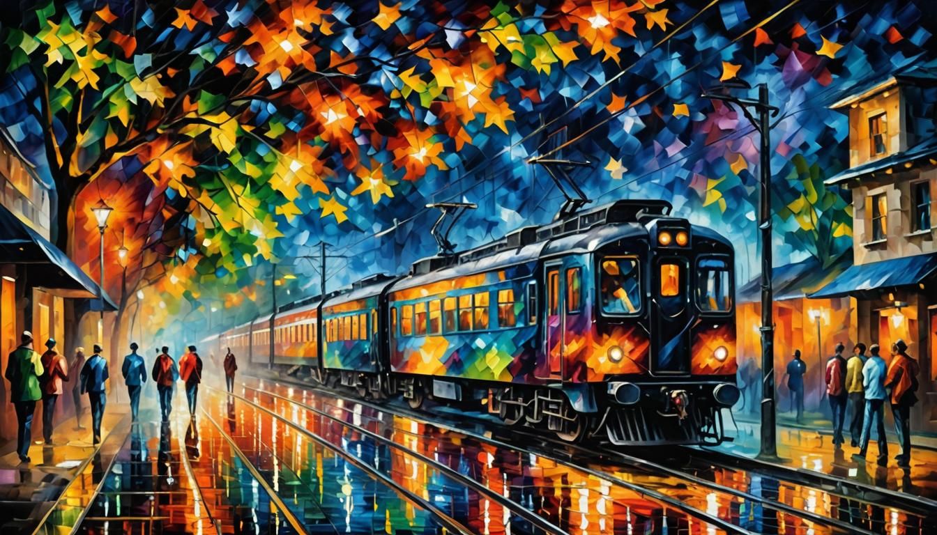 electric train, passengers waiting, dynamic lighting Leonid Afremov ...