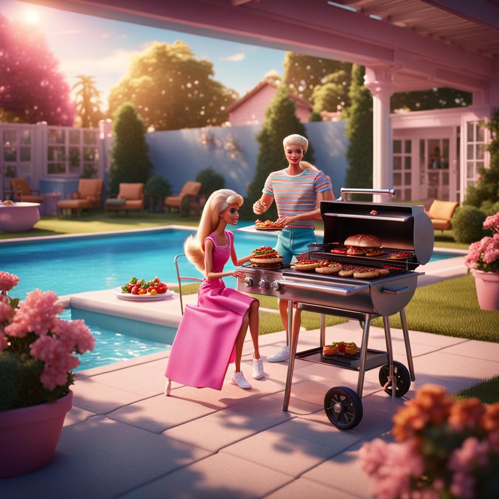 Barbie and Ken having a barbecue near a pool in the back yard of the ...