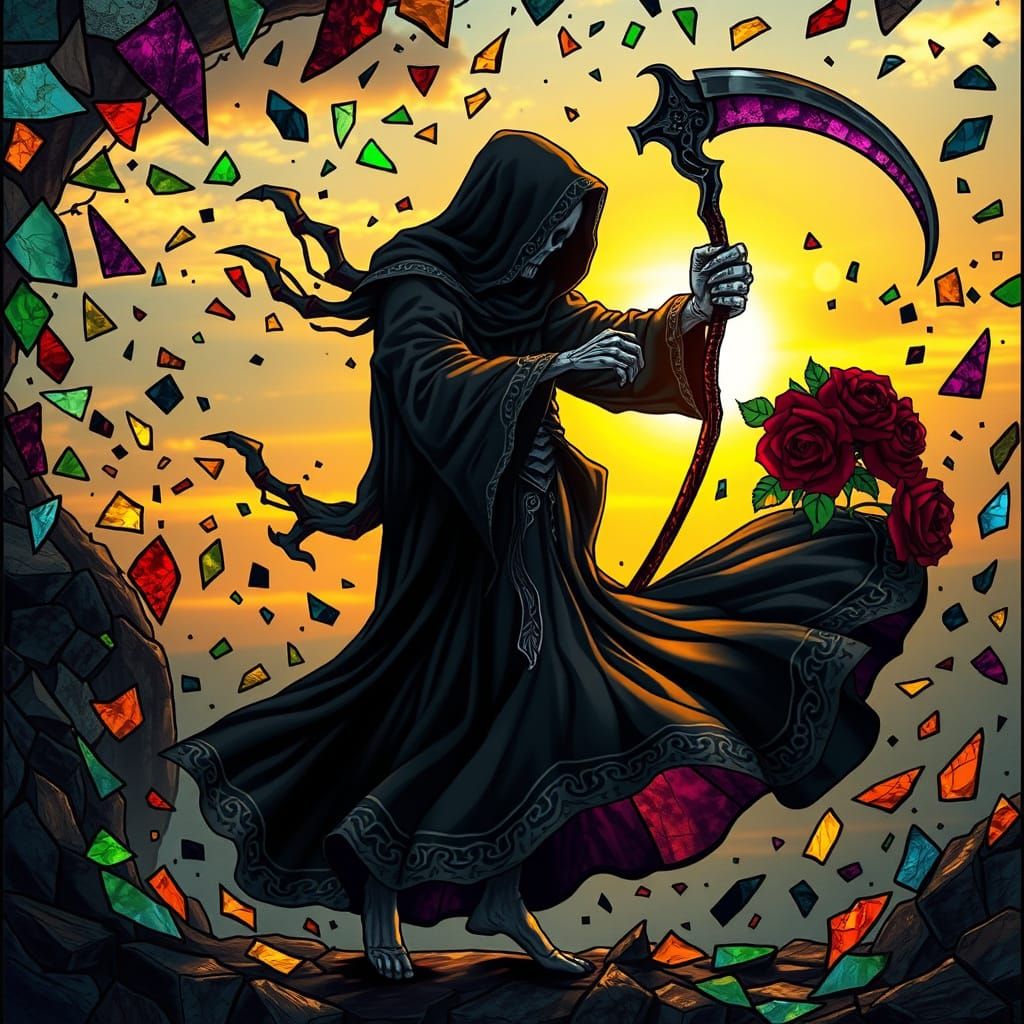 Grim Reaper in Stained Glass, Dancing with Roses a... - AI Art