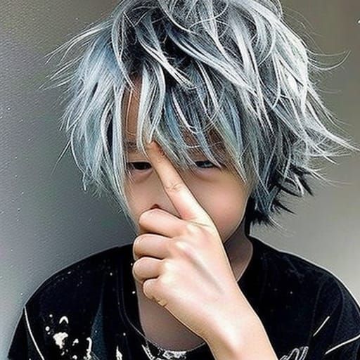 Centered manhwa portrait of a silver messy-haired boy nonchalantly ...