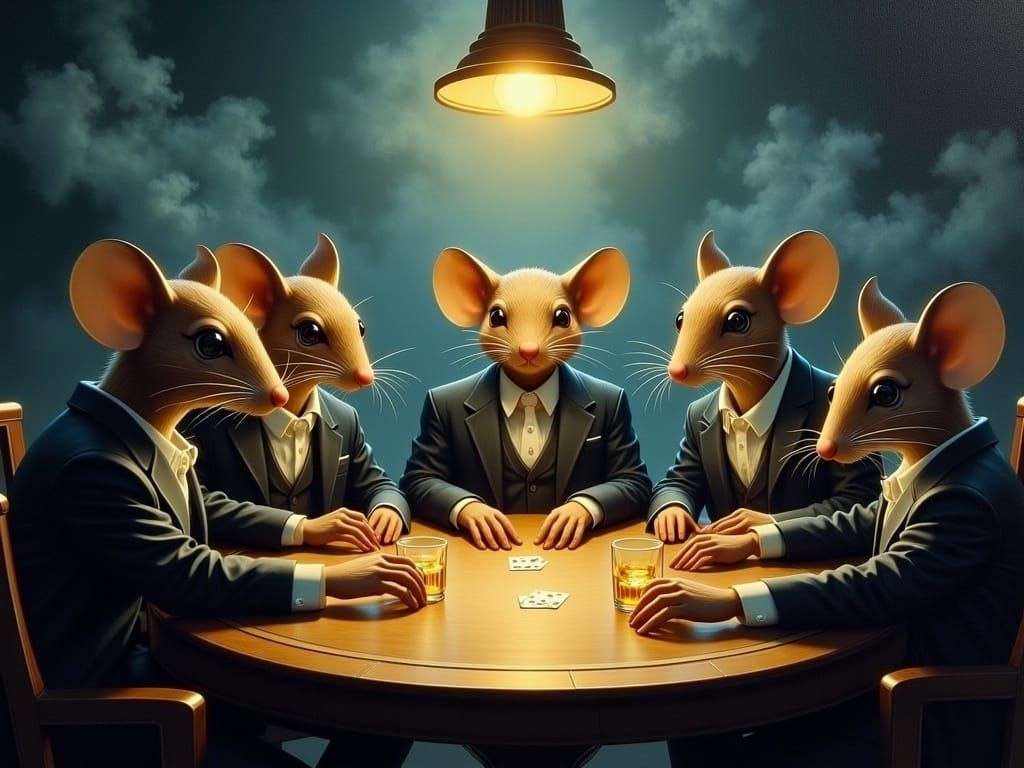 Adorable cute painting of a small group of mice in 1950s style clothes ...