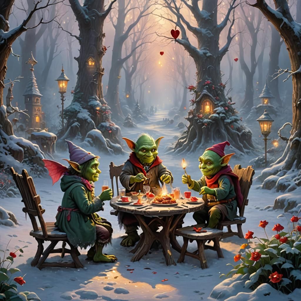 cute goblin having romantic valentine's day dinner in a surreal wintry ...