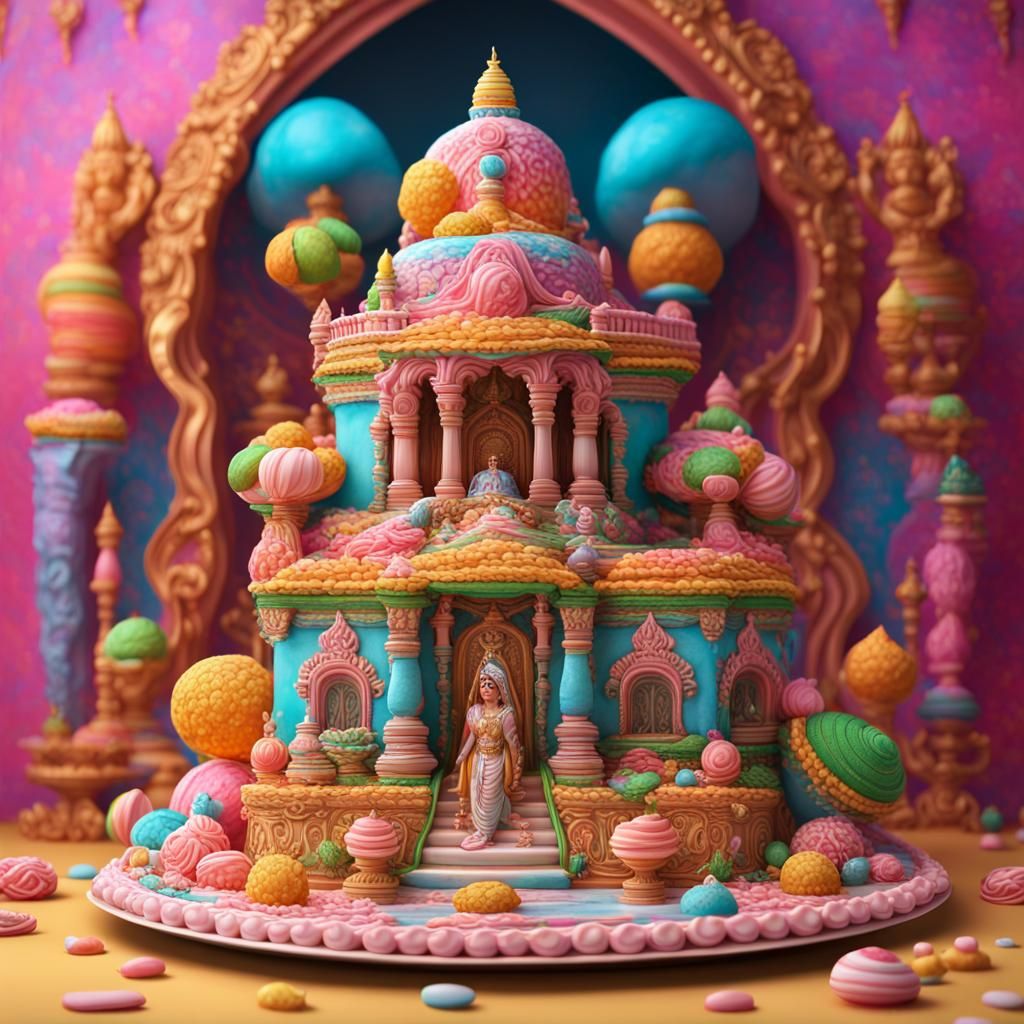 A hyper-realistic maximalism cake sculptured as an Indian Temple of ...