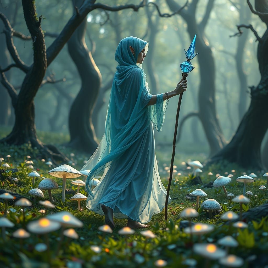 Ethereal Elven Sorceress Walks Amidst Glowing Blue... - AI Art