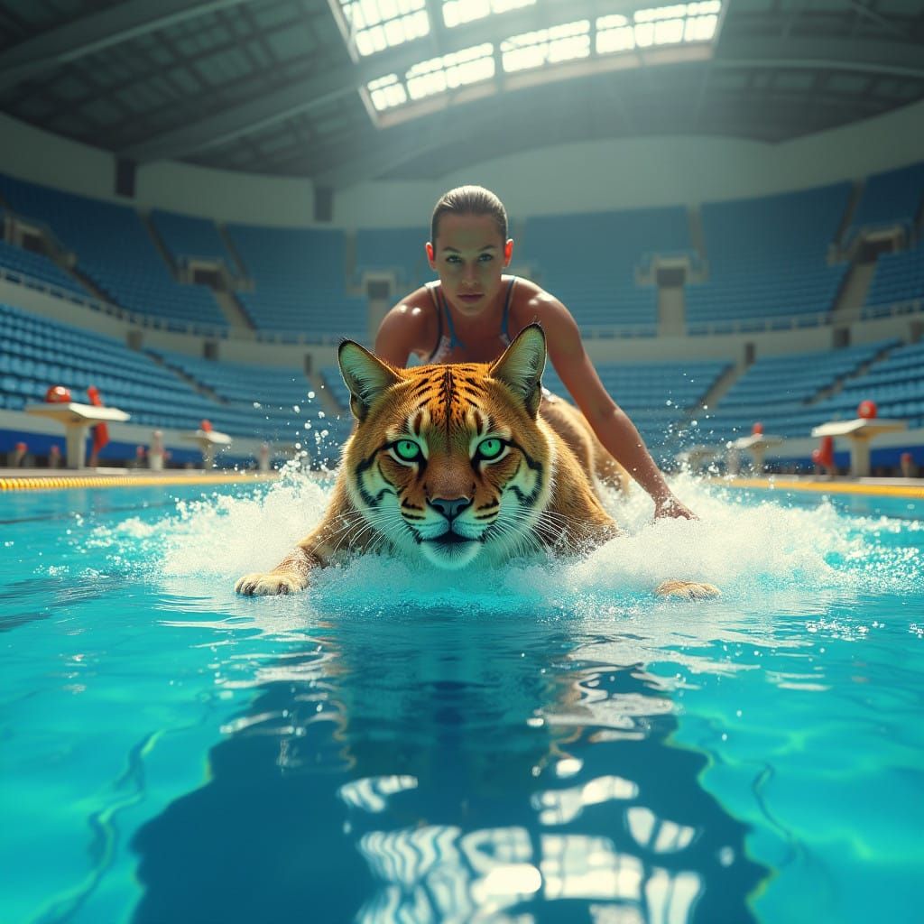 Hyper Realistic Olympic Swimmer Riding Wildcat in ... - AI Art