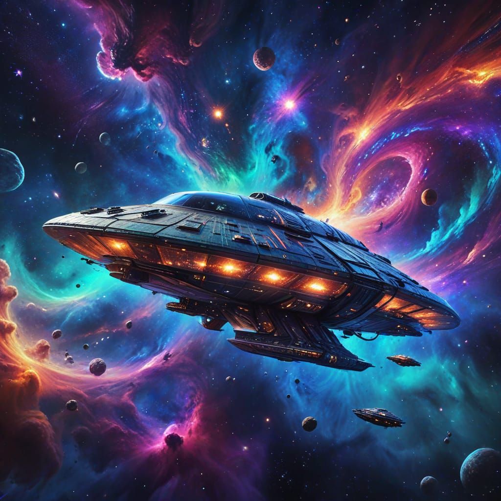 Futuristic squidlike spaceship travelling through a colorful, swirling ...