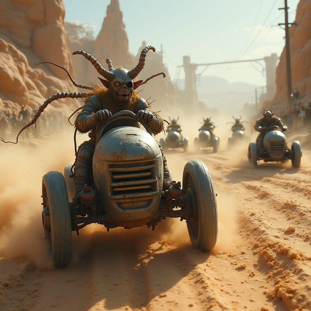 Post-Apocalyptic Desert Pod Racing Scene in a Dark... - AI Art