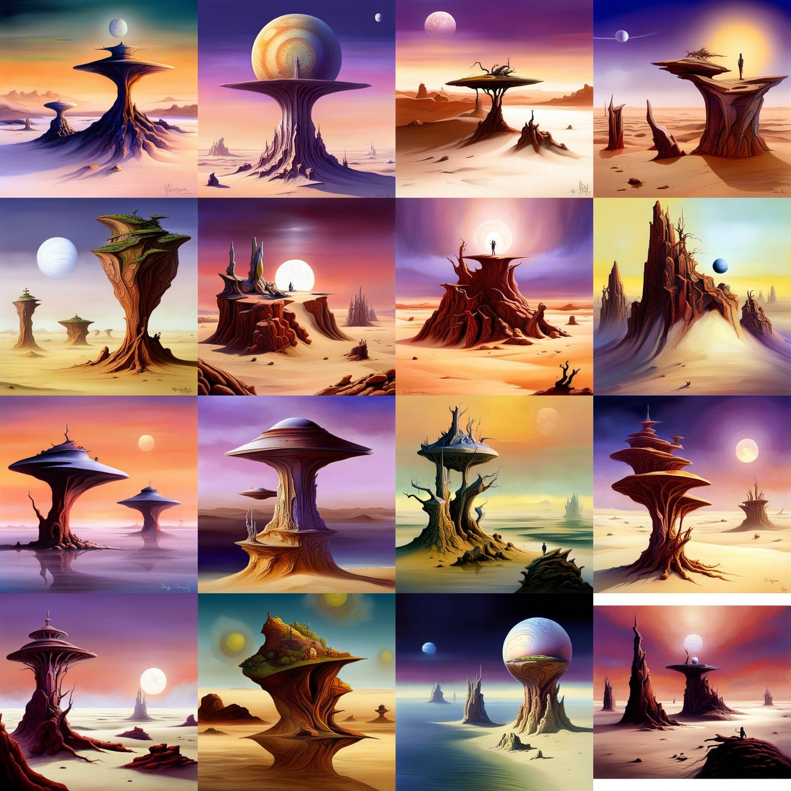 Sculpture, alien, floating islands, fog, dune, dead tree, flying rocks ...