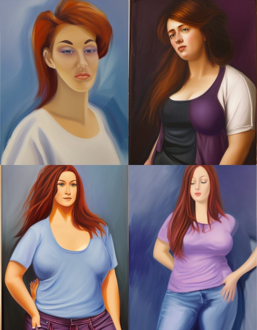oil painting of attractive curvaceous rubenesque woman in purple tee ...