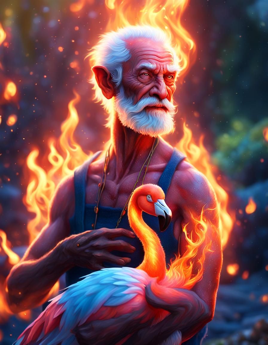 Ugly Old Man Enthroned in Fiery Splendor - AI Art
