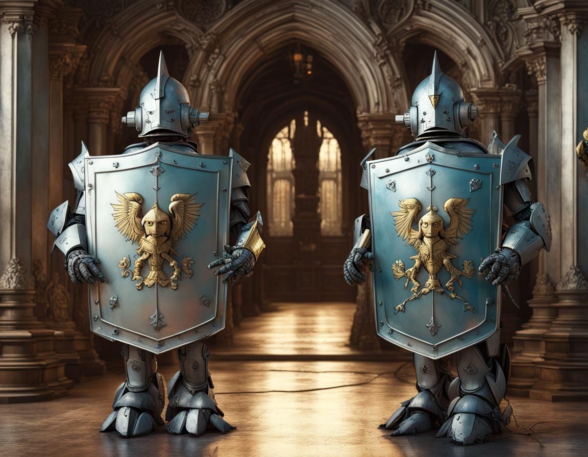 two robot knights holding shields with coat of arms of the Imperial ...