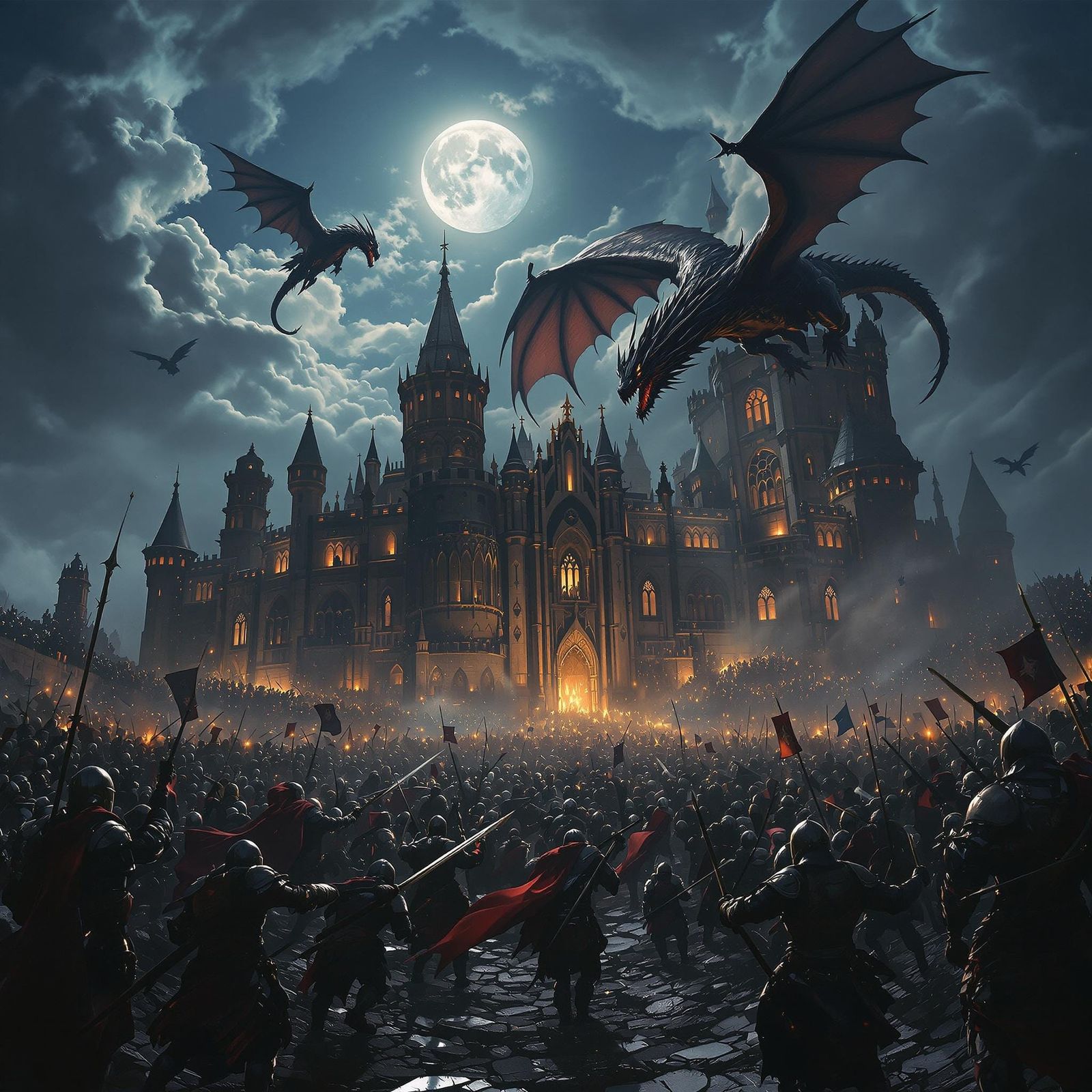 Medieval Knights Besiege Castle Under Full Moonlit... - AI Art