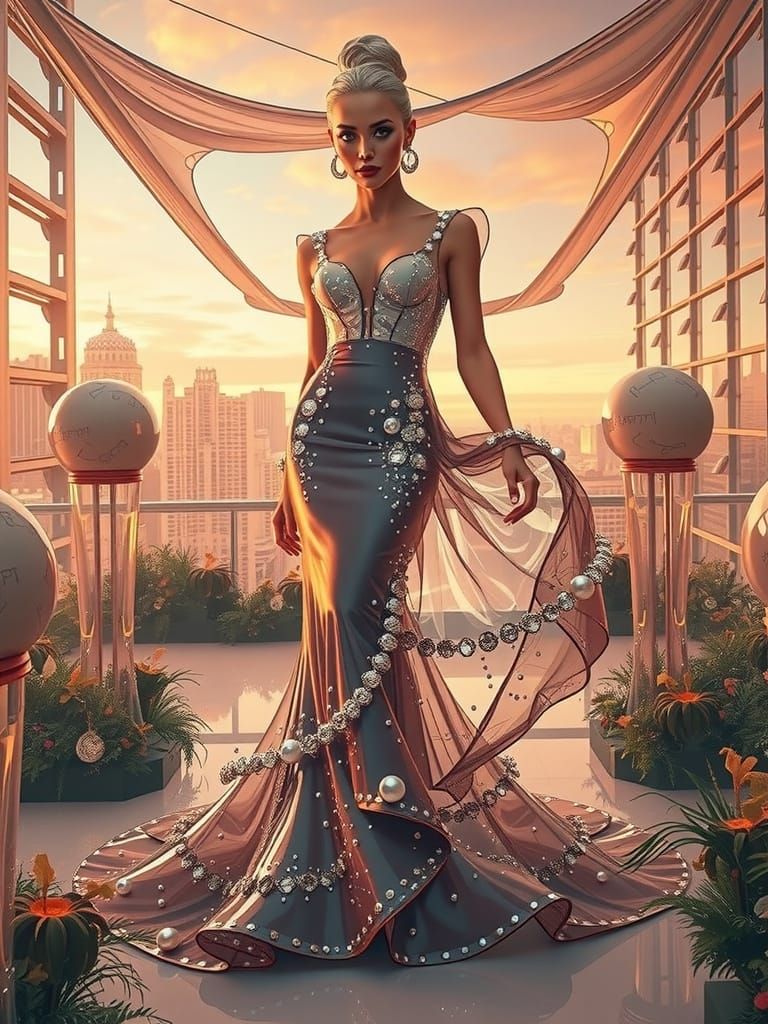 Woman in Translucent Glass Gown with Glowing Green... - AI Art