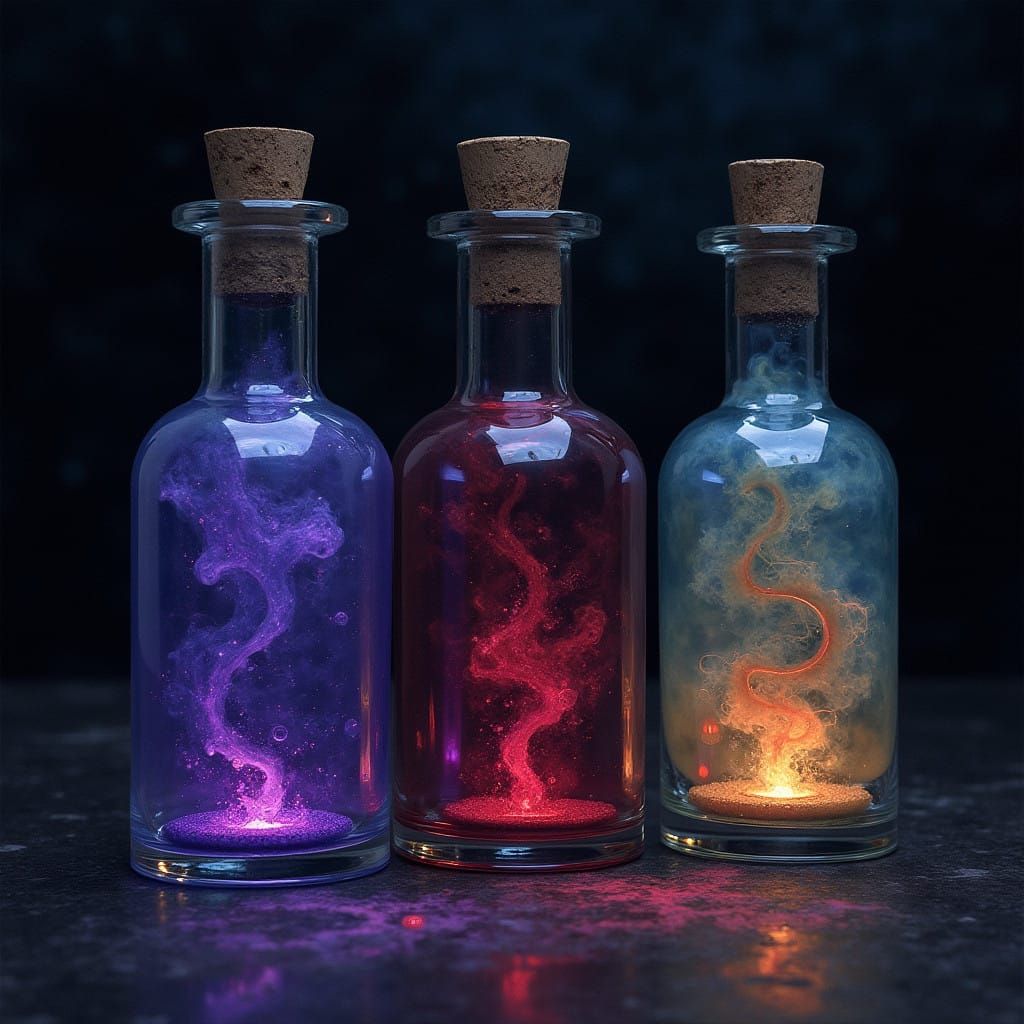 Enchanted Vials of Mystic Potions in Dark Velvety ... - AI Art
