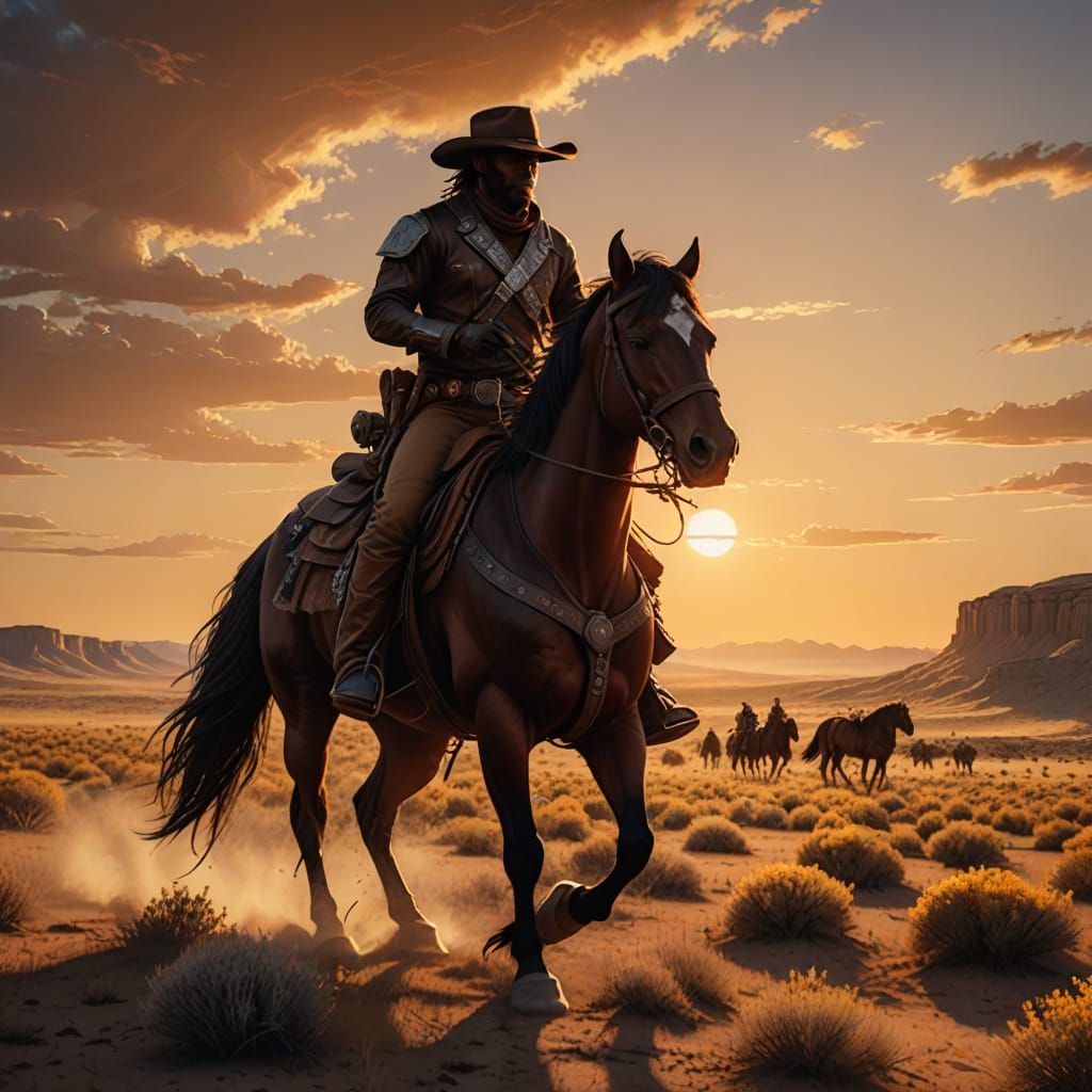 A Texas Ranger, dressed in realistic brown sci-fi leather and adorned ...