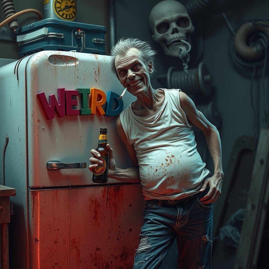 Retro Fridge in a Neglected Garage, Zombie Figure ... - AI Art