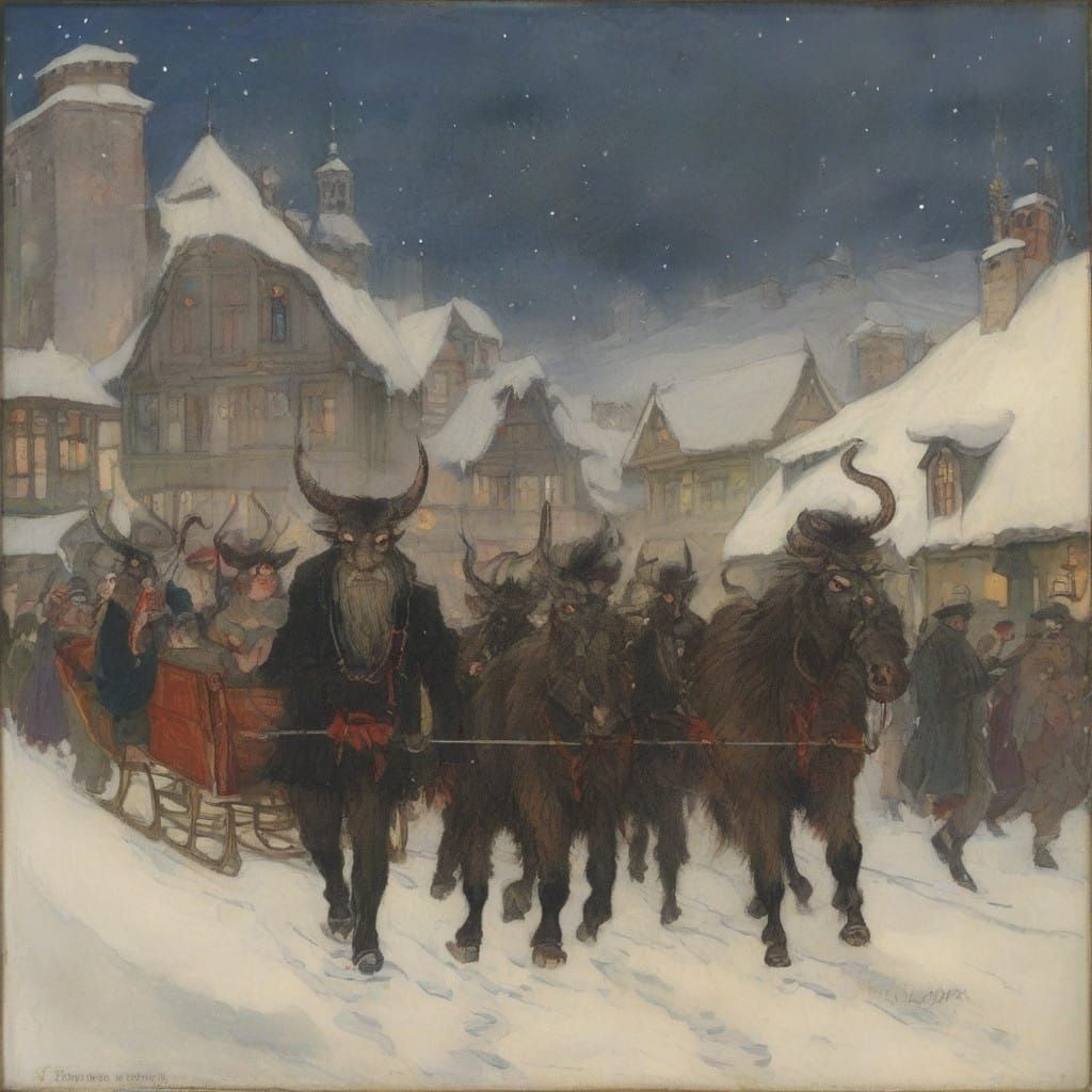 Krampus Festival Procession in Snowy Alpine Villag... - AI Art