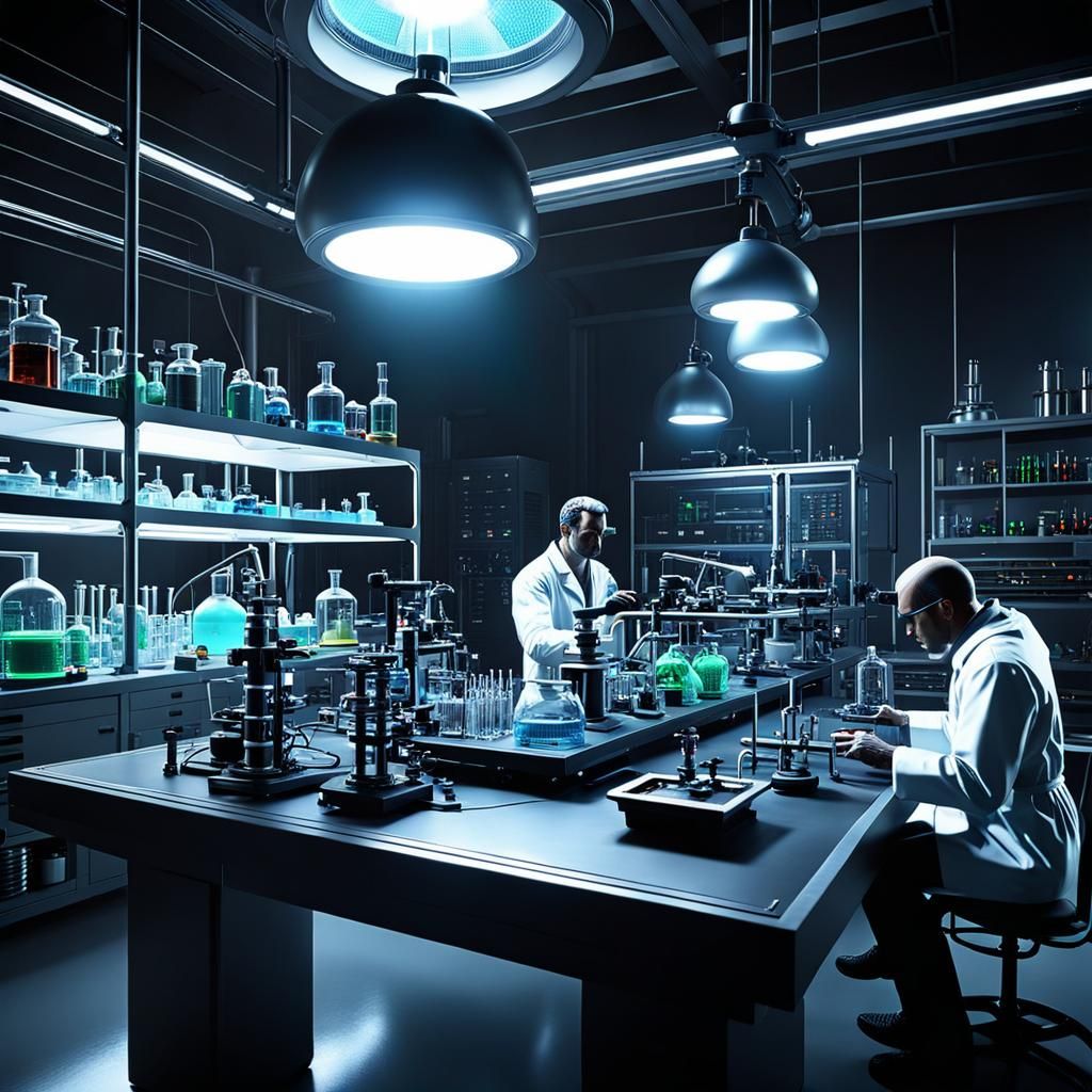 "captures the intensity of a laboratory scene where scientists, doing ...
