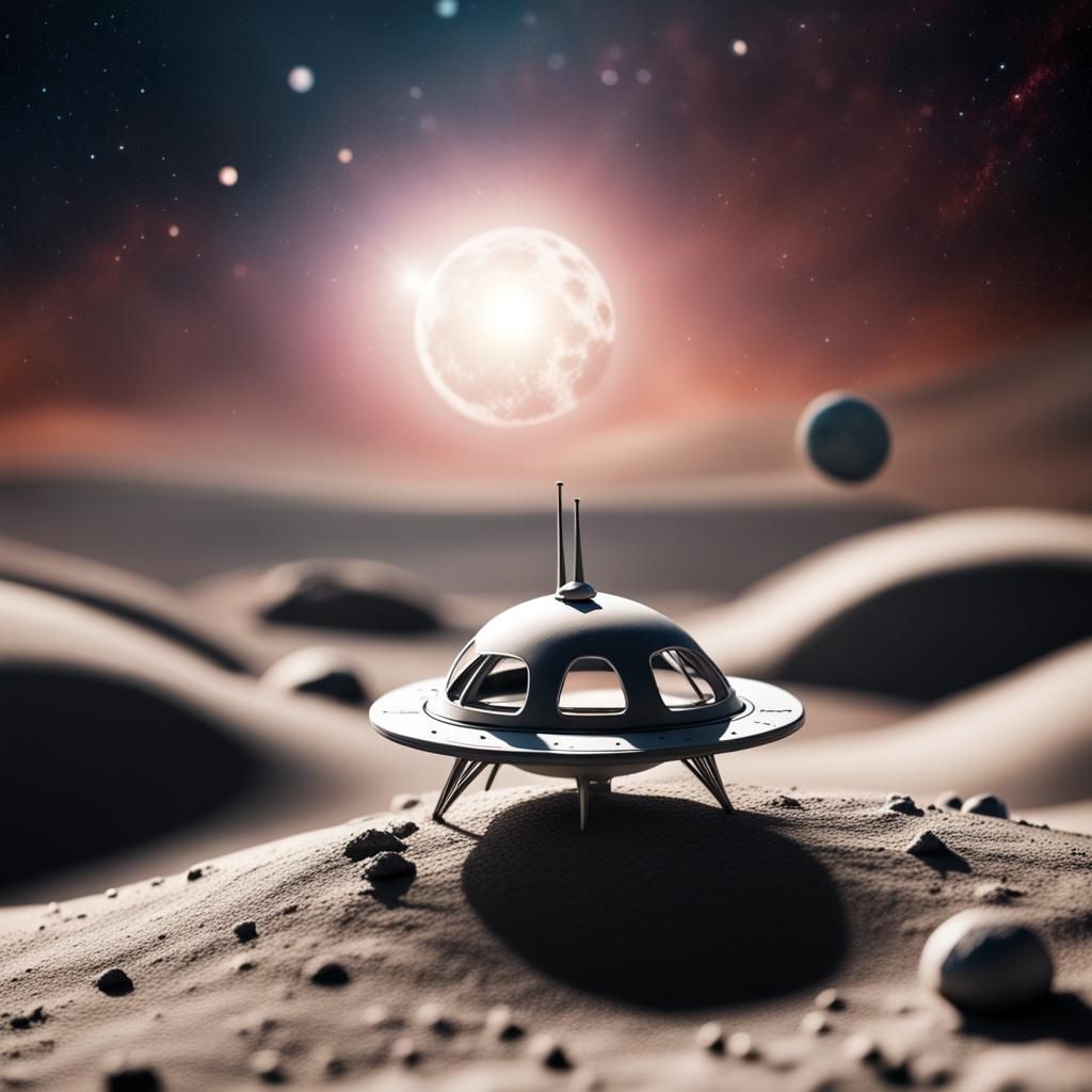 Photo of miniature alien spaceship on moon surface. Magical. mouse ufo ...