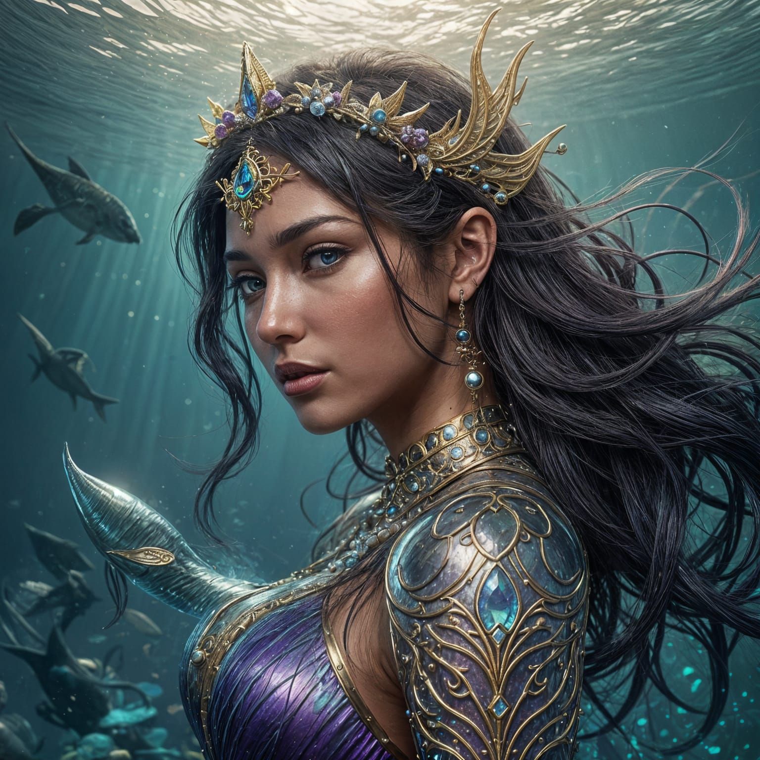 Ethereal Sea Elf Warrior in Oceanic Regalia - AI Art