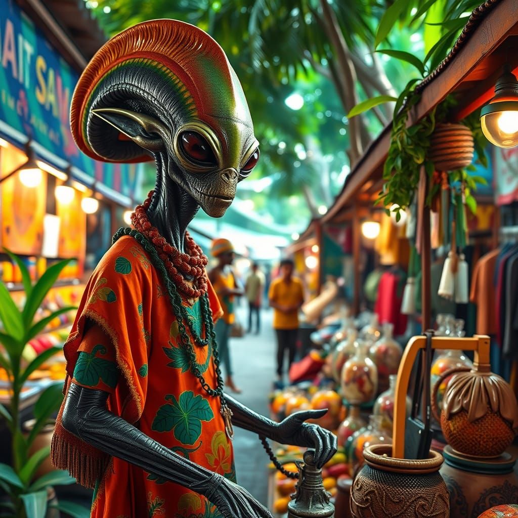Jamaican Flea Market Scene with Alien Vendor - AI Art