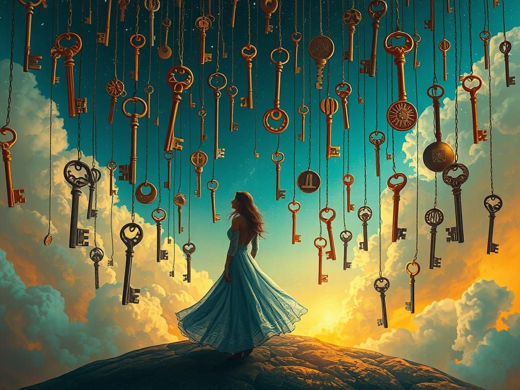 Keys falling from the sky - Whimsical Woman in a Symphony of...