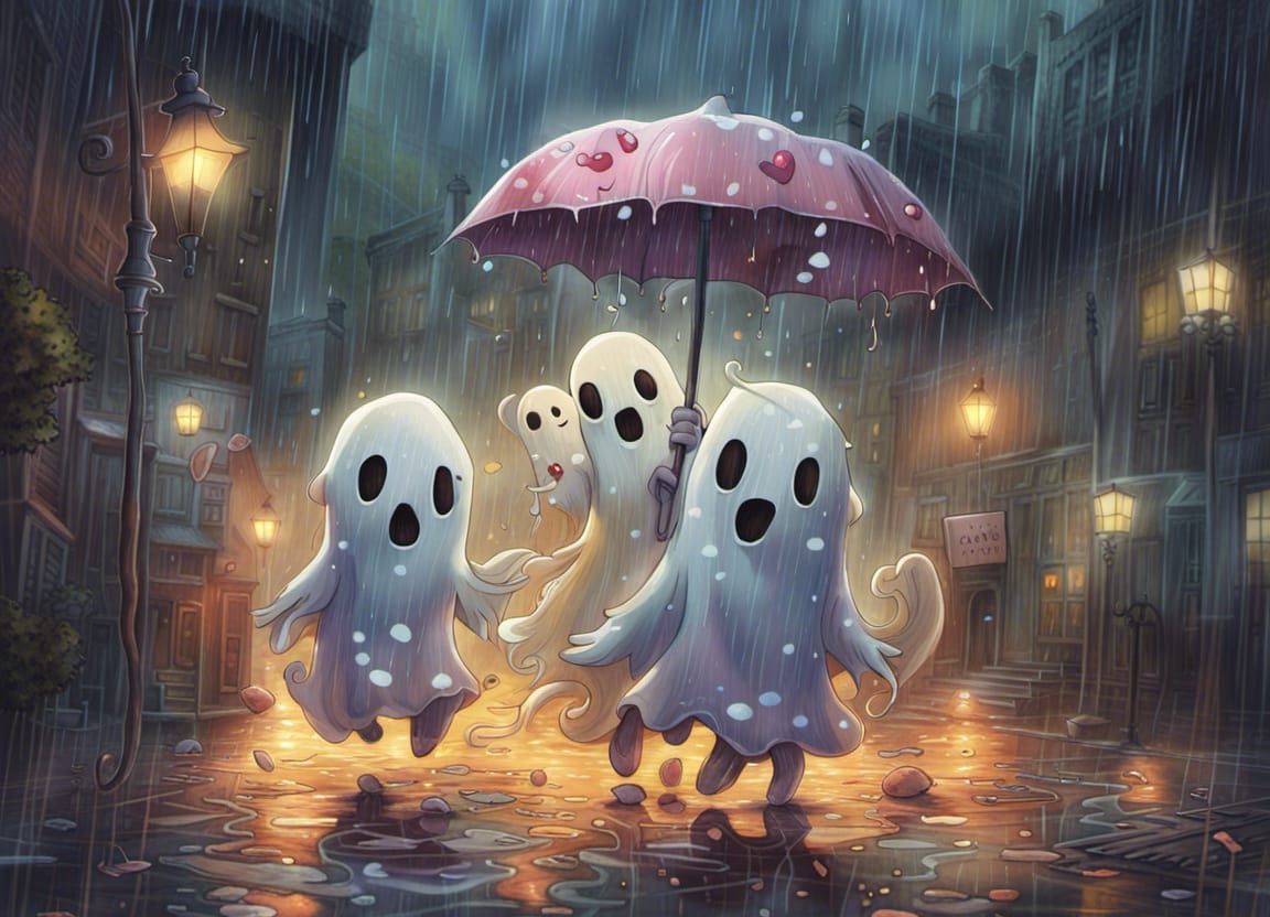 Young ghosts playing in the rain, spooky cute ghosts, professional ...