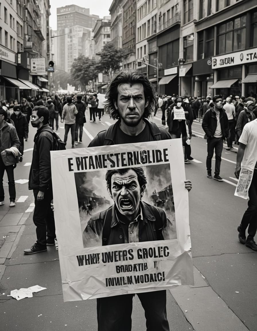 Protester on street stands with angry poster - AI Generated Artwork ...