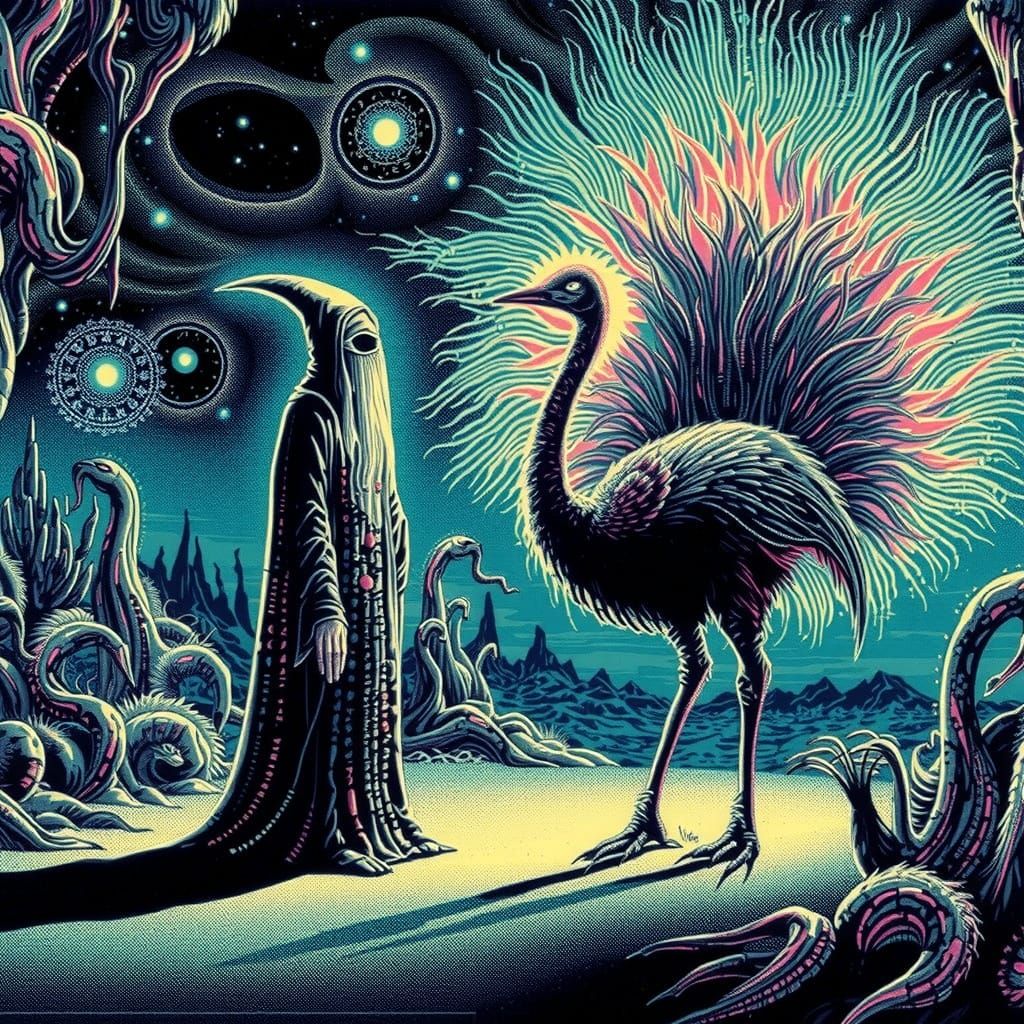 Surreal Ostrich Oasis in Grotesque Psychedelic Sty... - AI Art