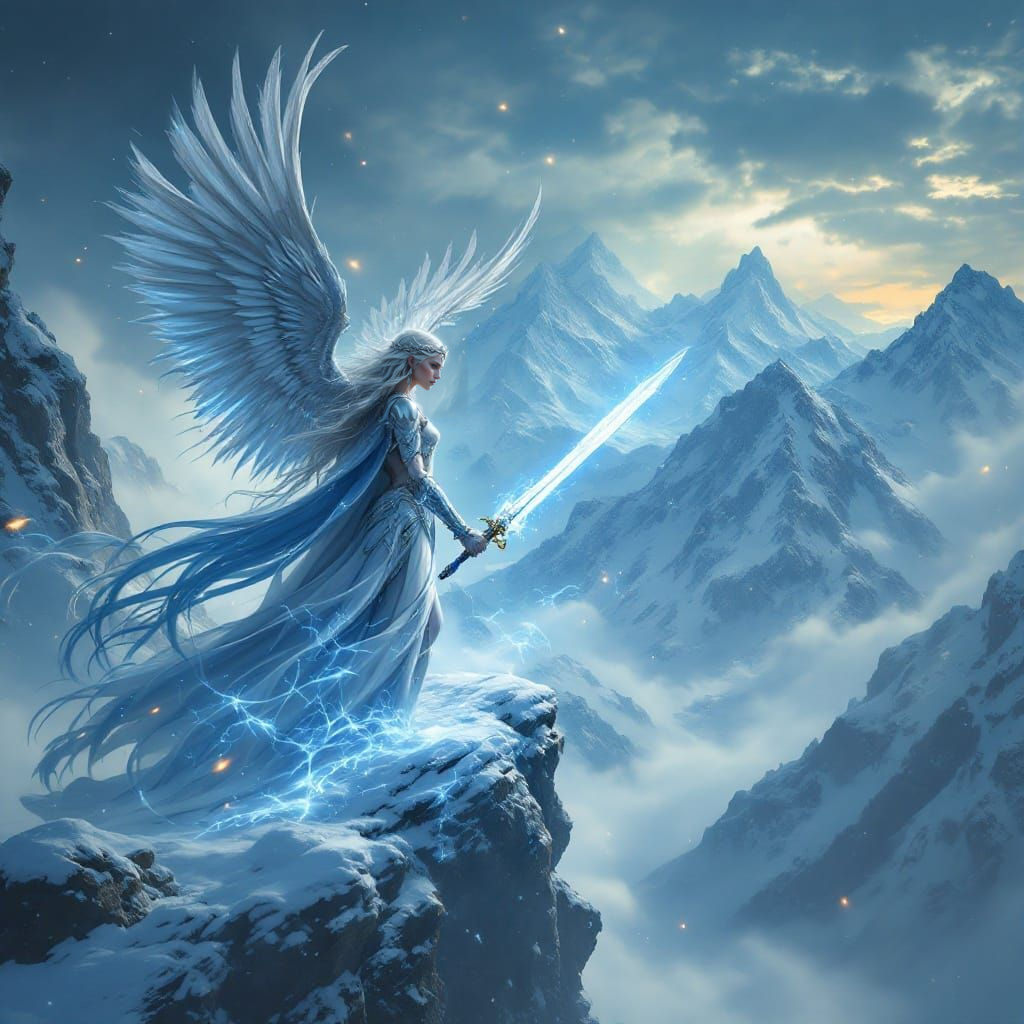 Ethereal Goddess Empowers Snowy Mountainside - AI Art