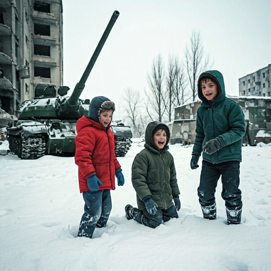 Warzone Winter Wonderland: Children Play in Snowy ... - AI Art