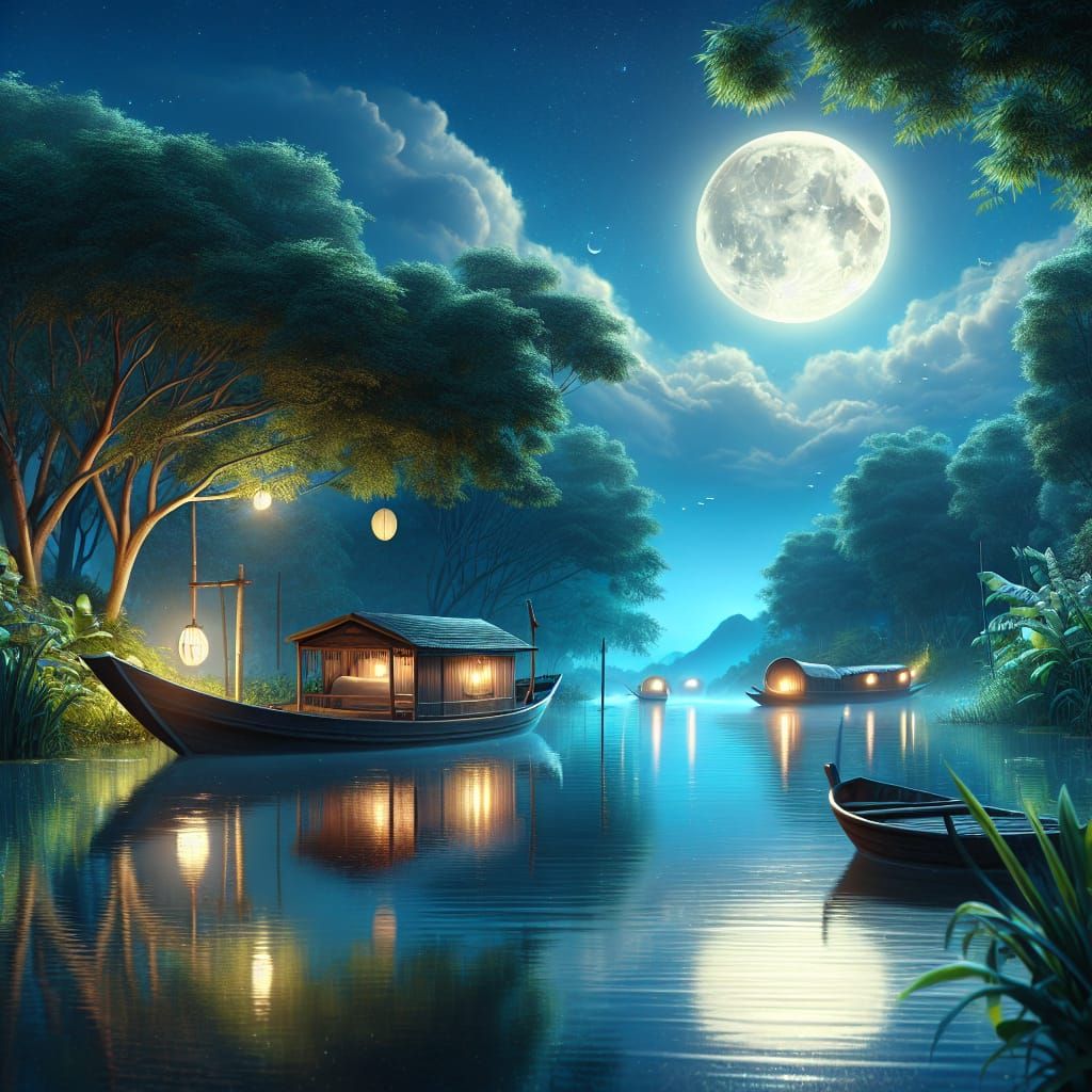 Riverboats at Night - Peaceful Nighttime River Scene with Lu...