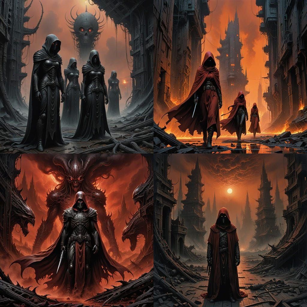 "(Damsels causing pain:1.4) ox blood toned robes tattered hood's cover ...