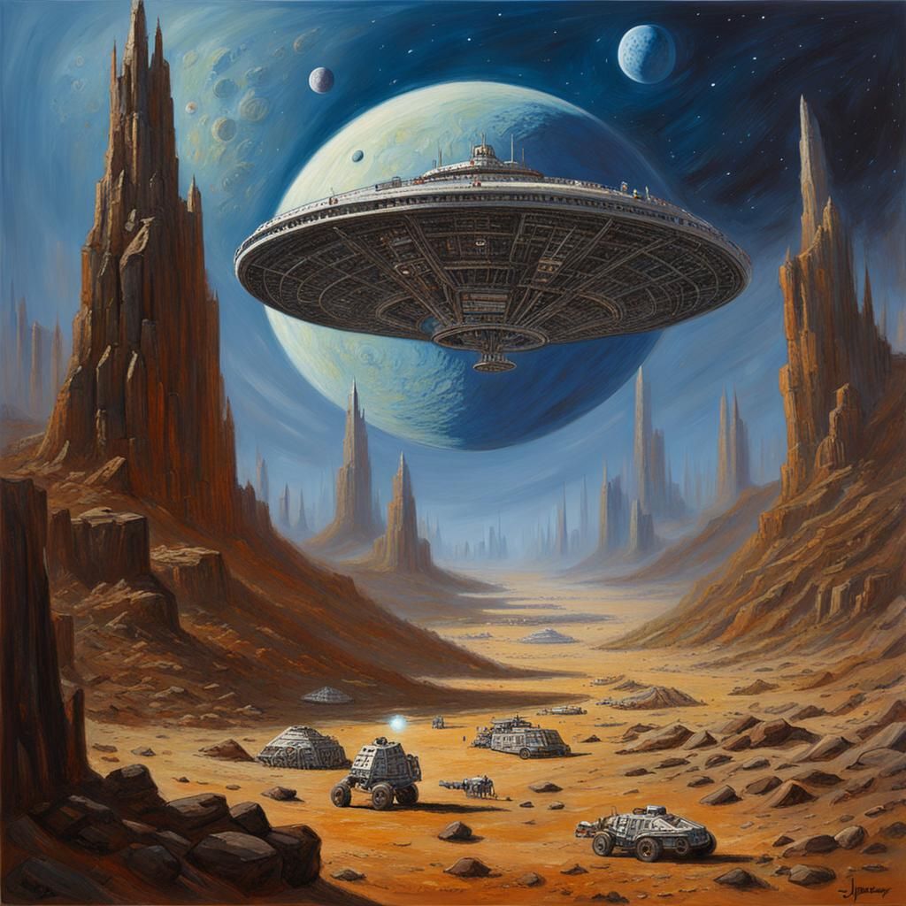 City on the moon of a strange alien planet. A starship hovers overhead ...