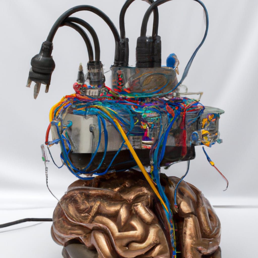 steampunk and cyberpunk brain plugged into a bunch of computer cables ...
