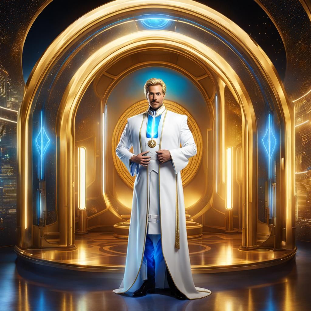 Atlantean King Chrison Zyan, white Robe with gold trim smile, sparkle ...