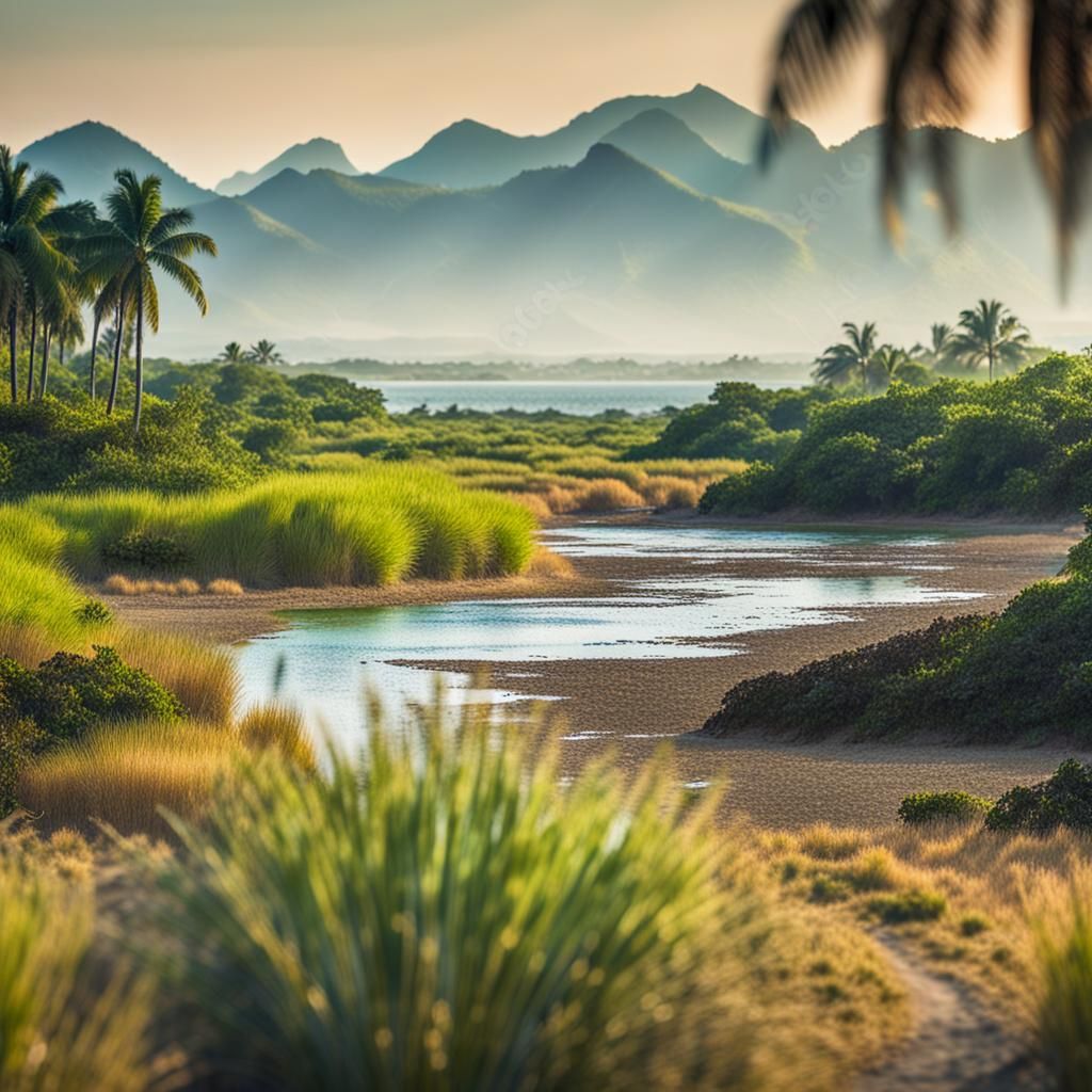 Dry river wetlands and mountains - AI Generated Artwork - NightCafe Creator