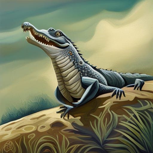 crocodile lying on a hillside gouache baroque renaissance painting ...