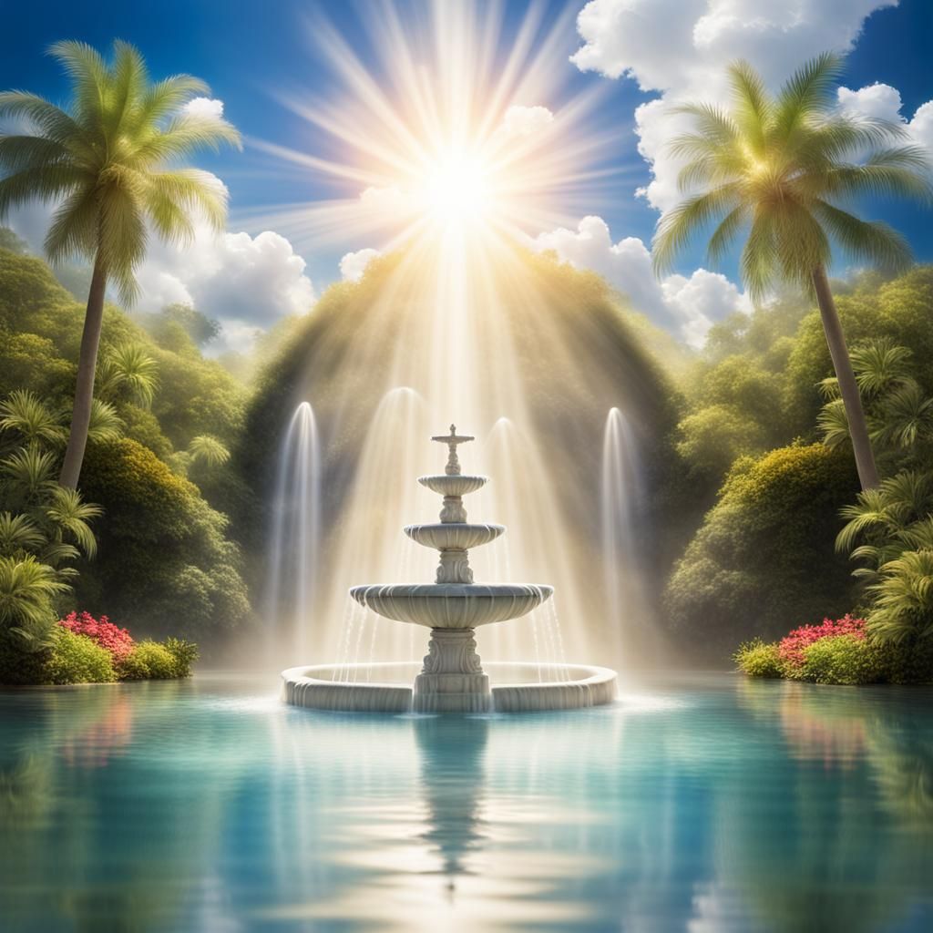 angelic fountain of life, tropical paradise setting, angelic energy ...
