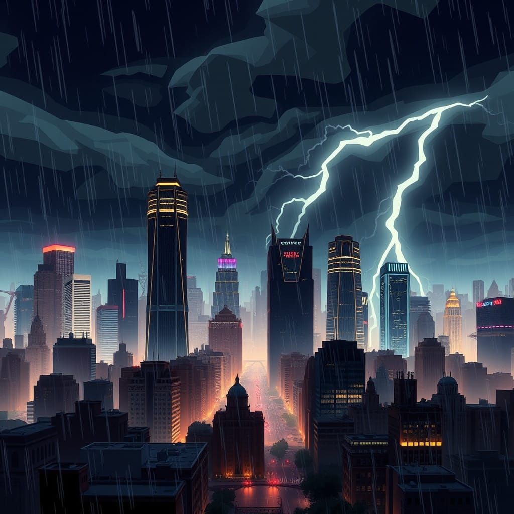 Cityscape in Cyberpunk Storm, Backlit by Golden Li... - AI Art