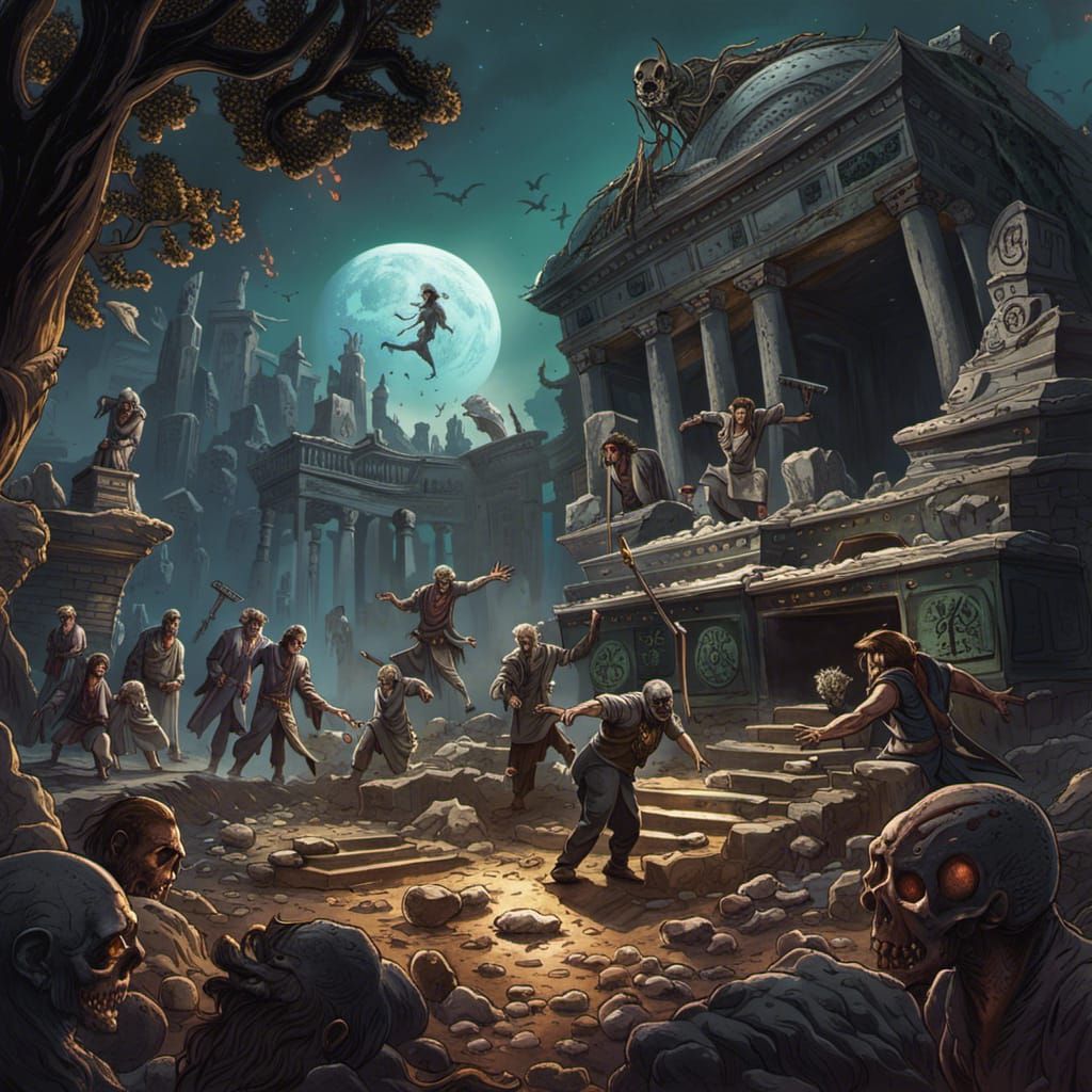 An action-packed illustration of zombies discovering ancient graves ...