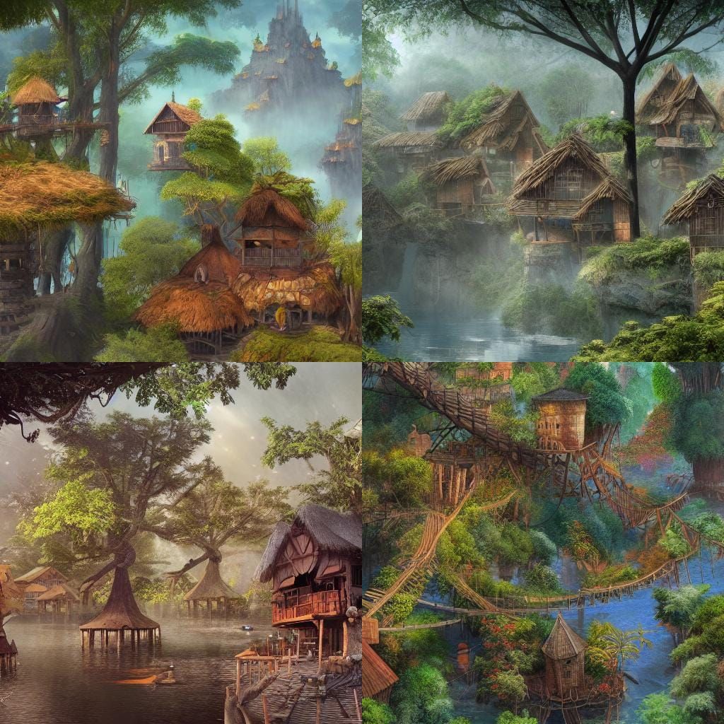 a treetop village, wooden huts linked together by rope bridges, giant ...