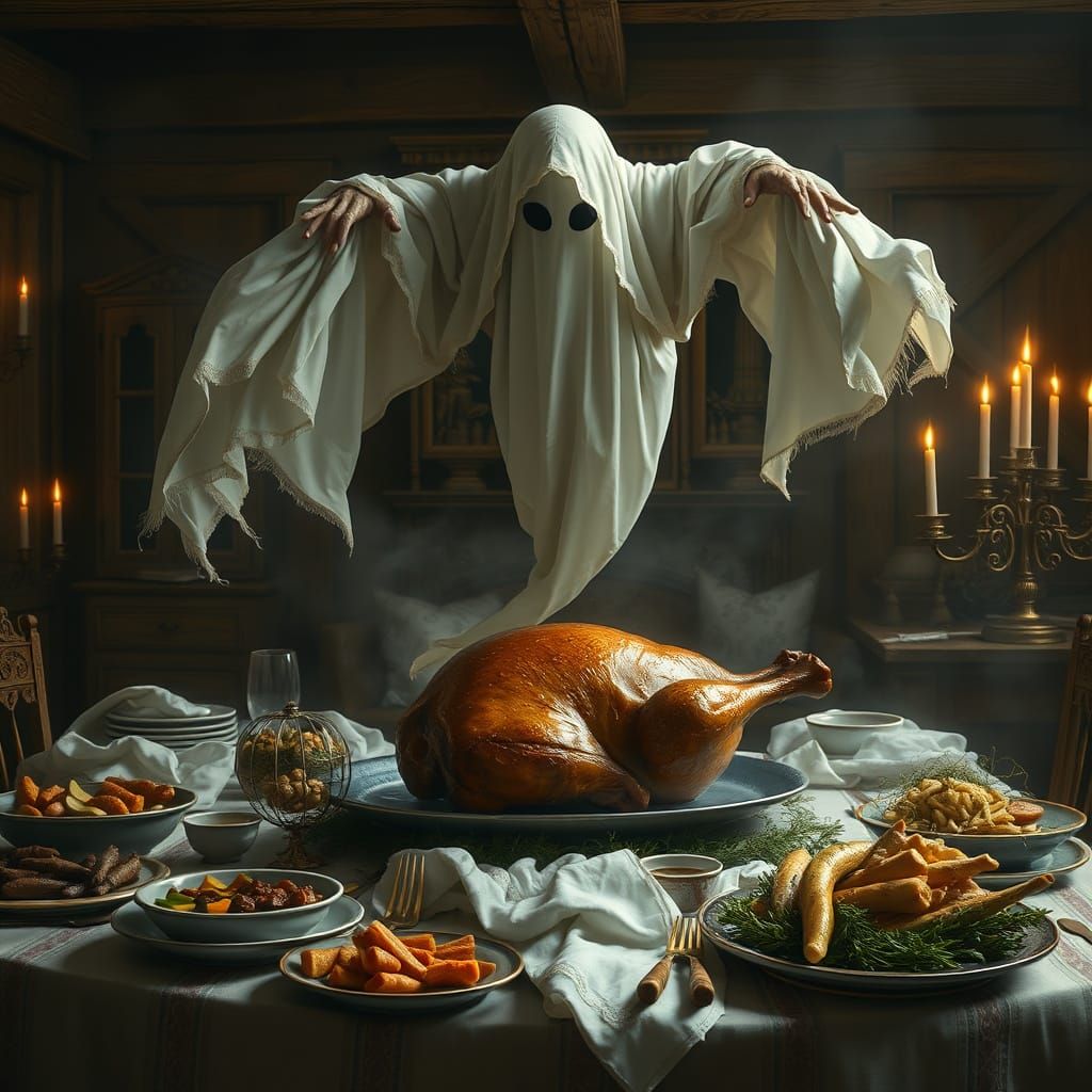 ghost and a roast - Whimsical Ghost Over a Golden-Brown Feas...