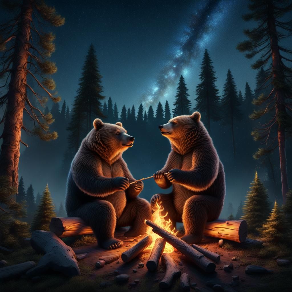 two realistic looking bears sitting on a log and roasting marshmallows ...